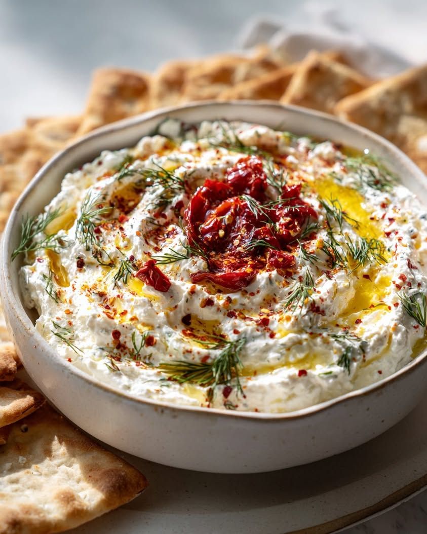 Creamy Whipped Feta Dip with Roasted Red Peppers & Dill - Billy Recipes