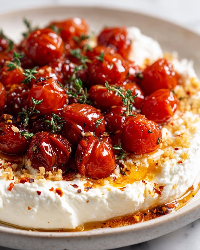Swicy Candied Cherry Tomatoes on Whipped Feta Recipe - Billy Recipes