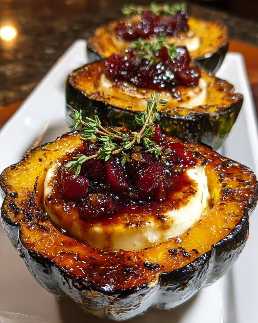 Honey-Glazed Acorn Squash with Goat Cheese and Cranberry Drizzle - Billy Recipes